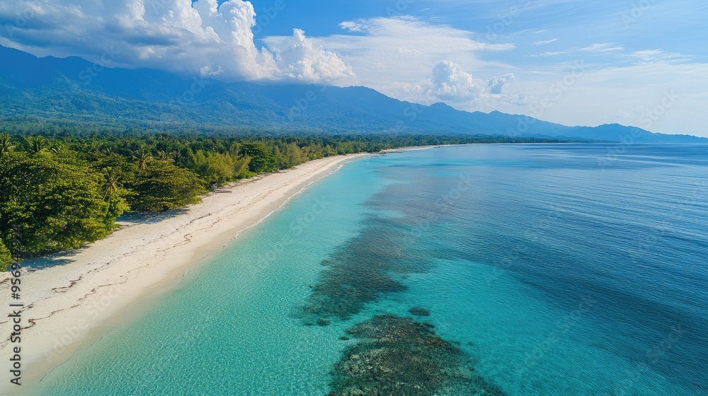 Scenic drone view of Santai Beach, Latuhalat, Ambon, Maluku, showing ...