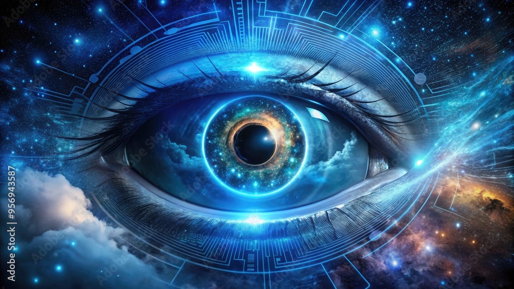 Futuristic illustration of a giant glowing blue eye with binary code ...