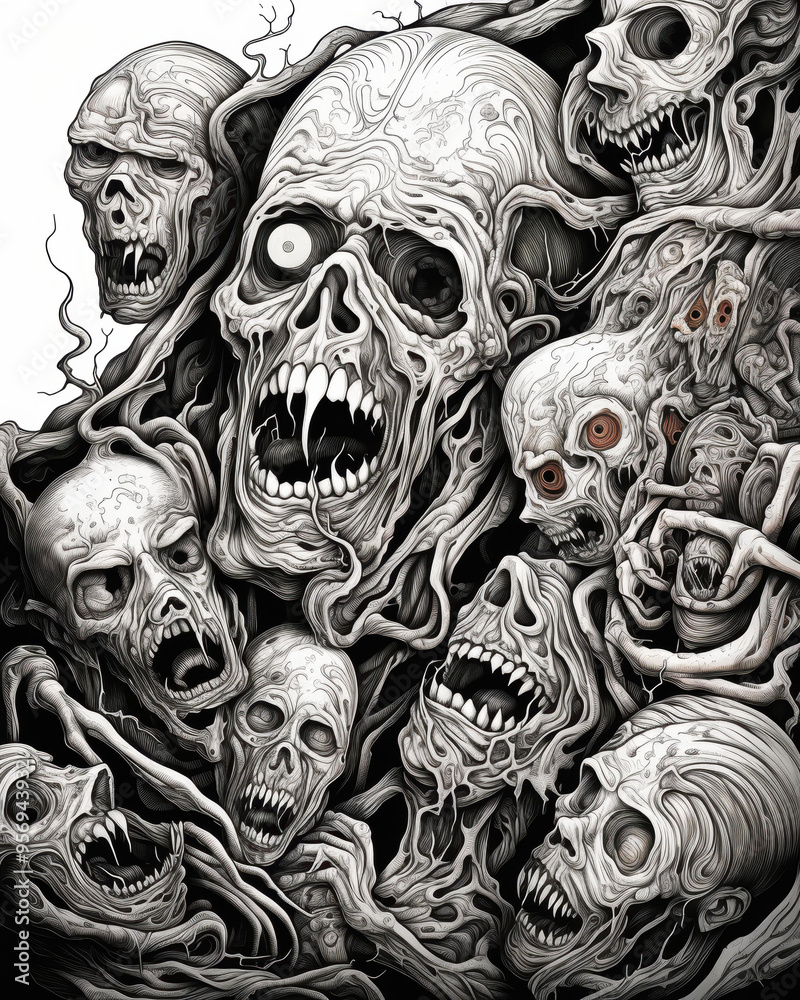 An intricate and eerie illustration of multiple screaming skulls and ...