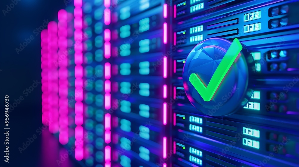 Colorful data servers with digital tick mark, representing validation ...