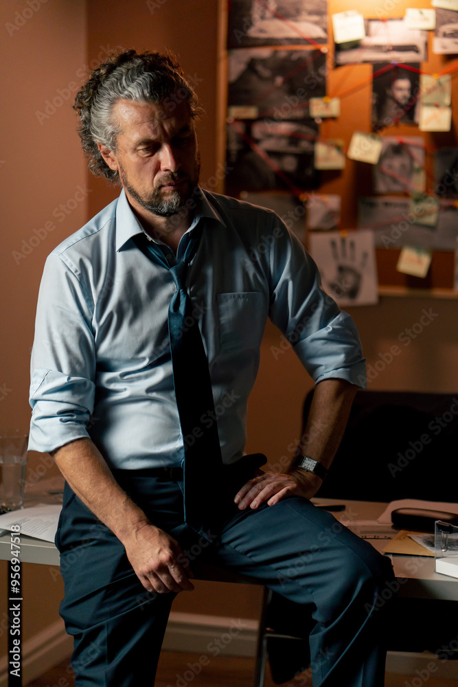 Poster in the detective's office middle-aged investigator in a shirt ...