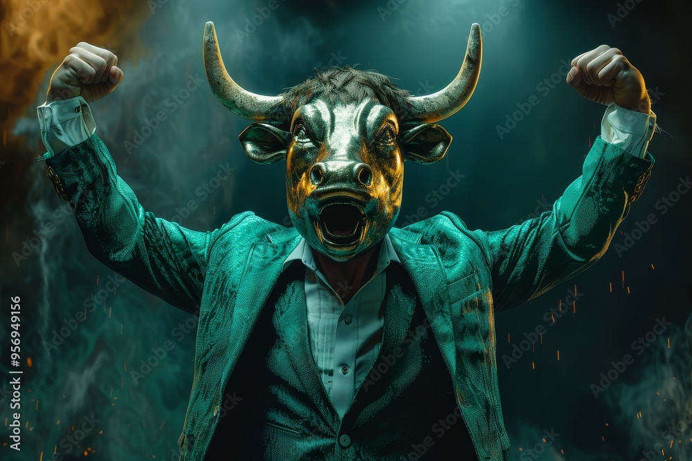 Stock market trader in green suit with bull mask cheering under epic ...