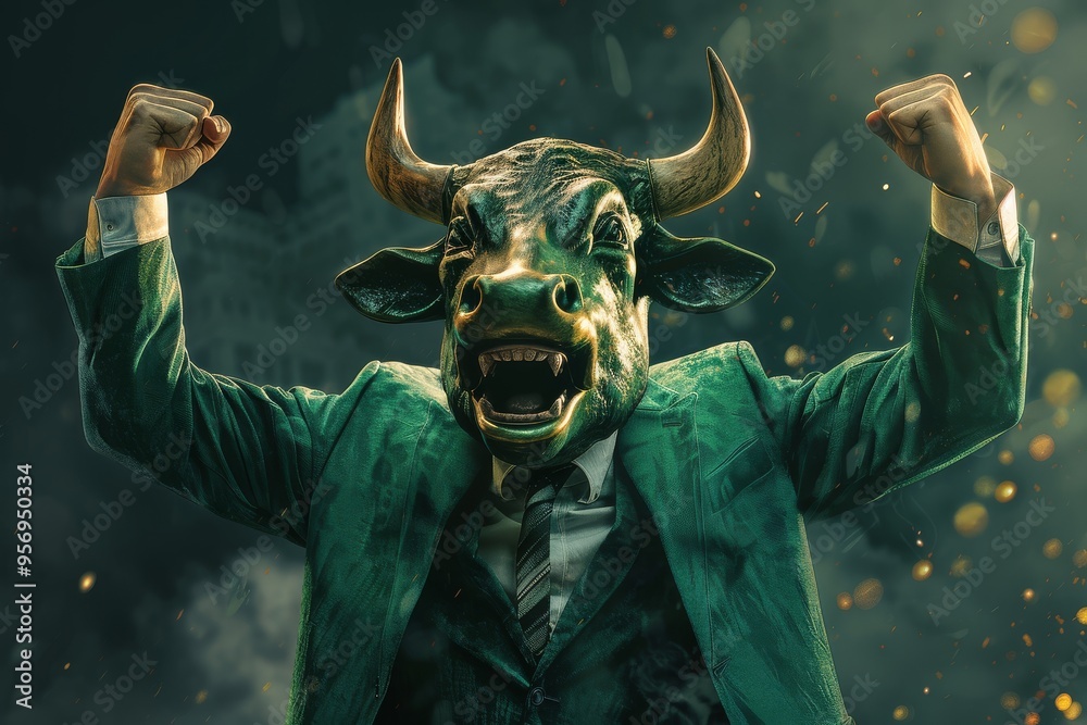 Stock market trader in green suit with bull mask cheering under epic ...