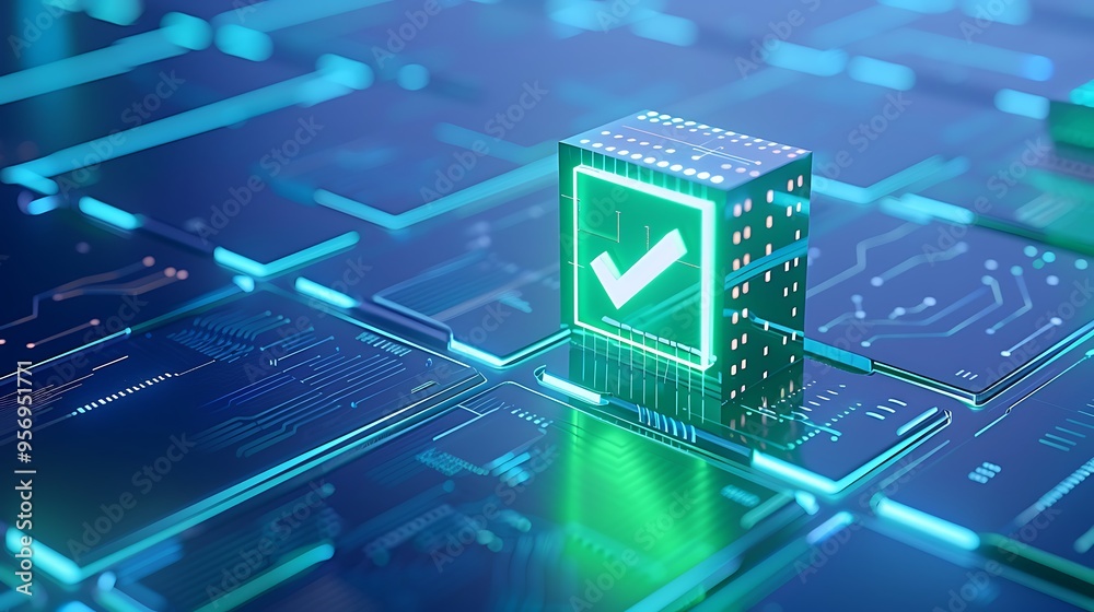 Digital illustration of a glowing checkmark on a futuristic circuit board representing ...
