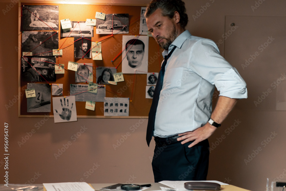 detective's office middle-aged investigator in shirt and tie studies ...