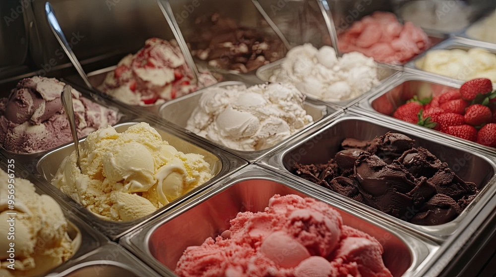 An ice cream parlor counter filled with metal tubs of different flavors ...