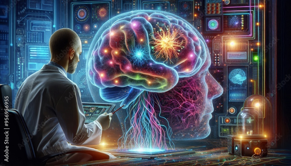 A futuristic depiction of a human brain connected to a computer ...