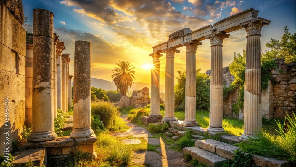 Serene ancient Greek ruins set amidst lush greenery, with worn white ...