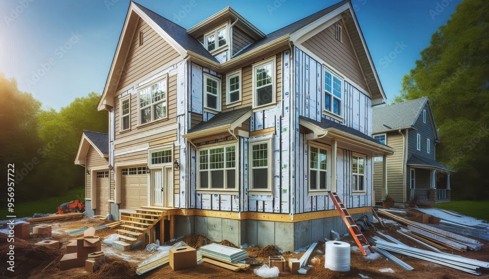 A modern suburban home undergoing a complete exterior renovation. The ...