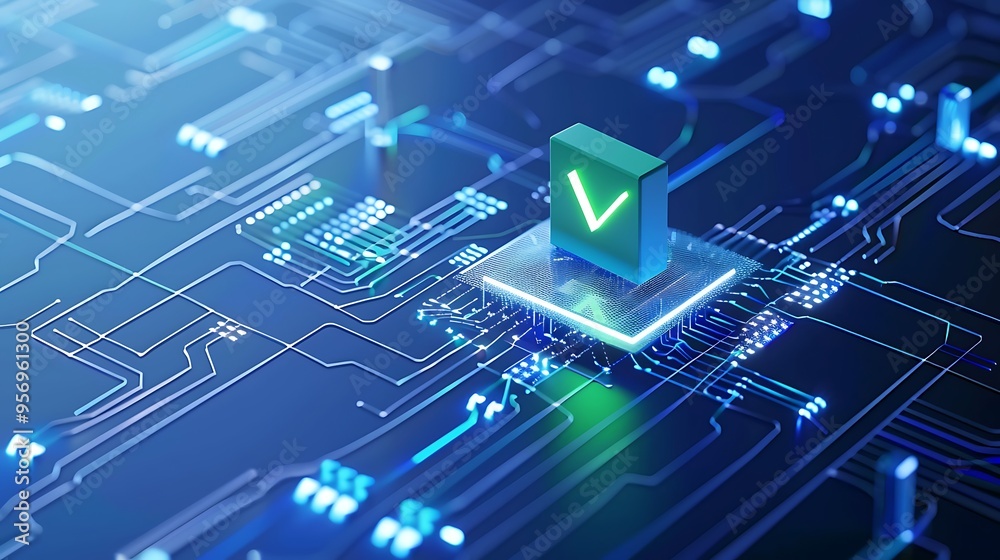 Futuristic digital circuit with glowing check mark, representing ...