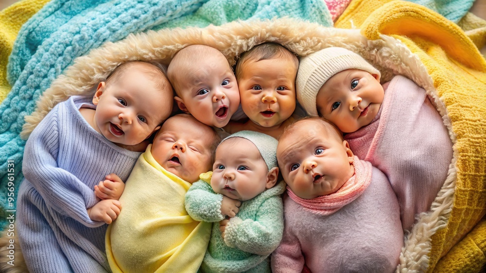 Adorable cluster of five tiny infants, each with unique expressions ...