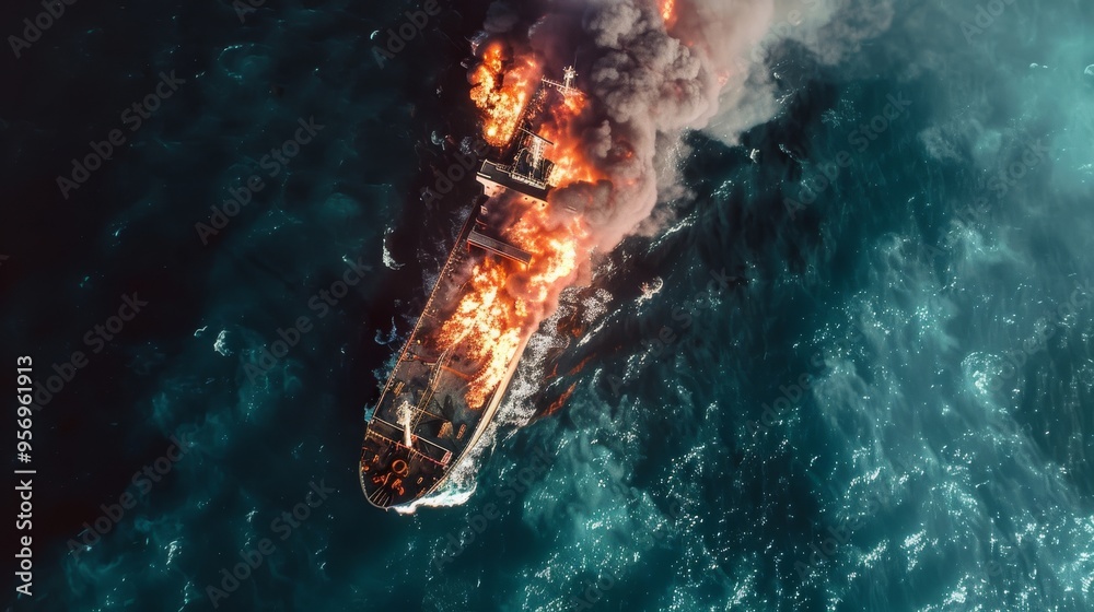 An aerial view captures the dramatic scene of a ship consumed by fire ...