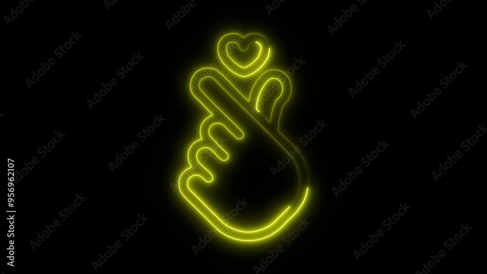 Neon Finger Heart Icon - Glowing Hand Gesture with Heart on Black ...