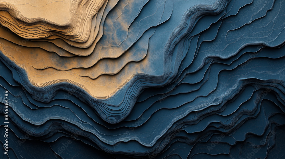 Abstract topographic map with layered textures in shades of blue and ...