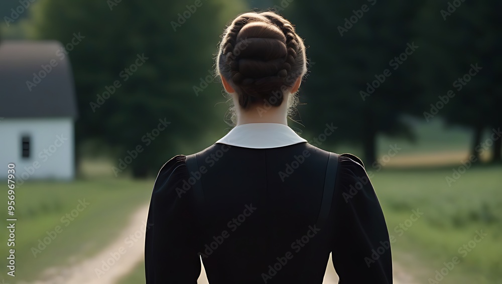 pretty young early american amish pioneer woman black dress viewed back ...