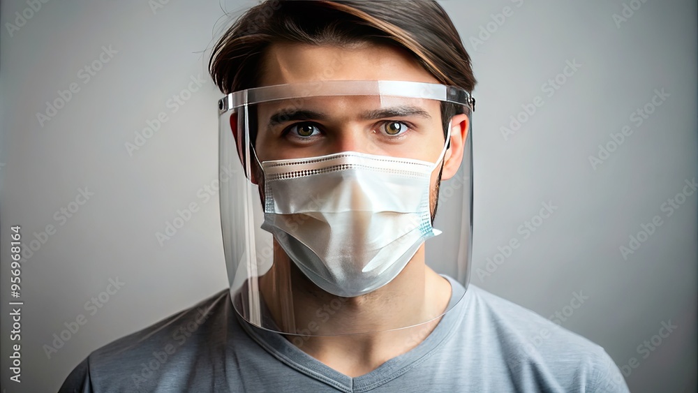 Isolated close-up of a person's face wearing a clear plastic face mask ...