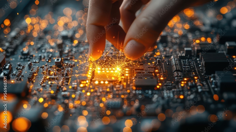 closeup of hand resetting illuminated circuit breaker sparks of ...
