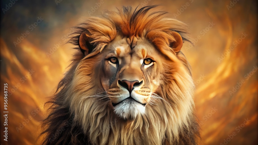 A majestic lion's whiskered face showcases soft, velvety fur, with ...