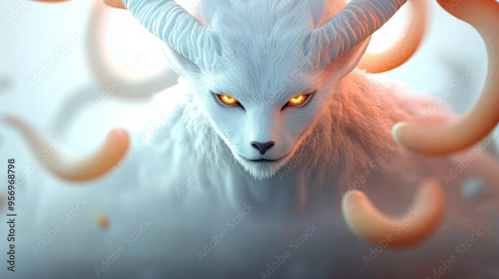 Mystical beast. Pan devil creature with large devil-like curved horns ...