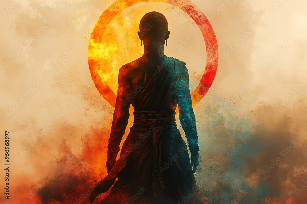 An artistic depiction of a warrior monk standing in a meditative pose ...