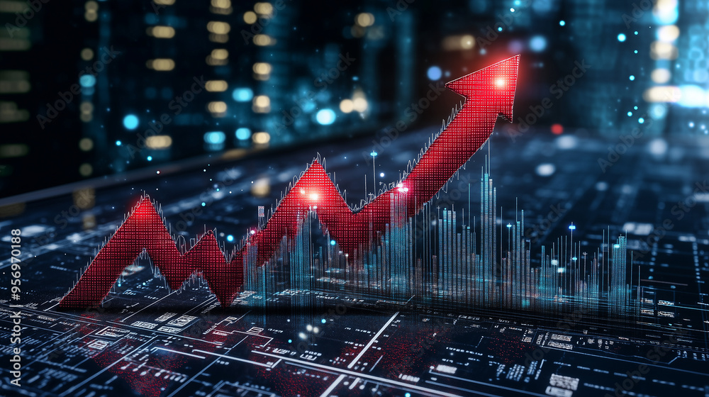 Sales graphs with a red arrow ascending illustrate a significant rise ...