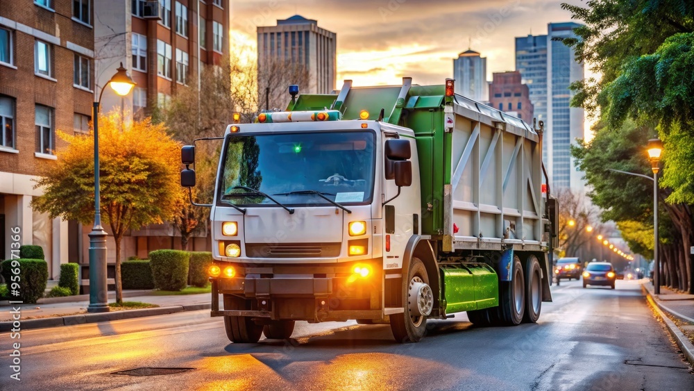 Large, municipal waste management vehicle with flashing lights and ...