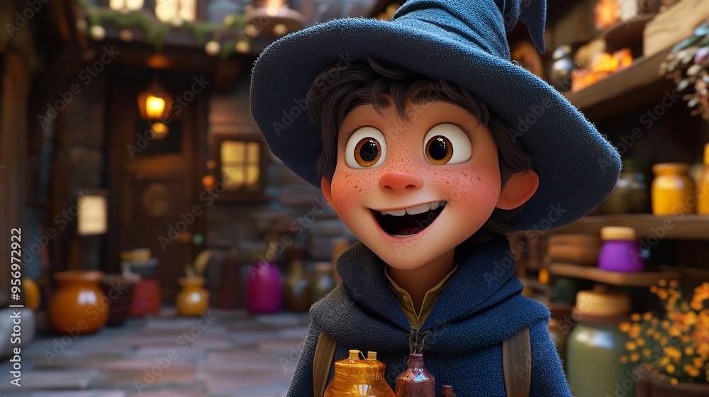 cartoon animation of a whimsical, cheery young wizard with an oversized ...