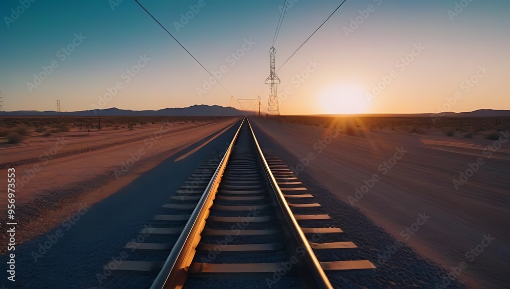 railway sunset vast desert landscape featuring tramway rail bed track ...
