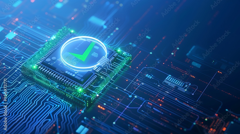 High-tech computer chip with digital technology and cybersecurity theme ...