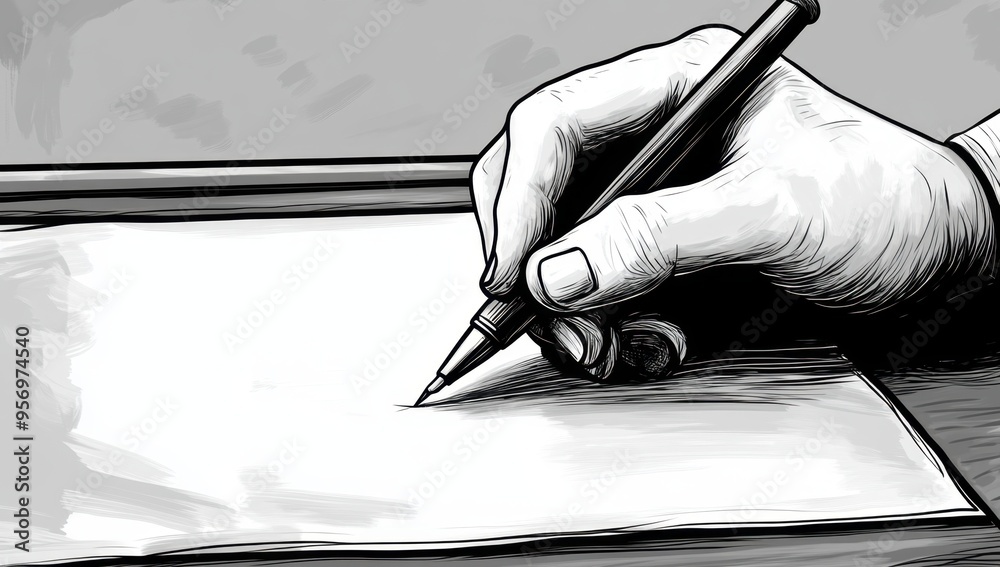 A hand holding an ink pen, writing on paper The illustration is in a ...