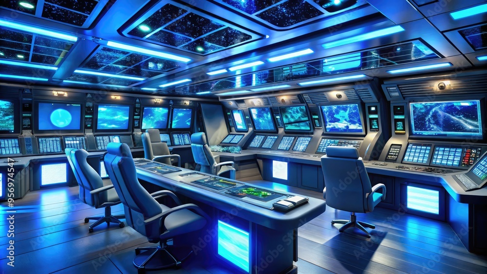 Sleek, futuristic control room features rows of holographic screens ...