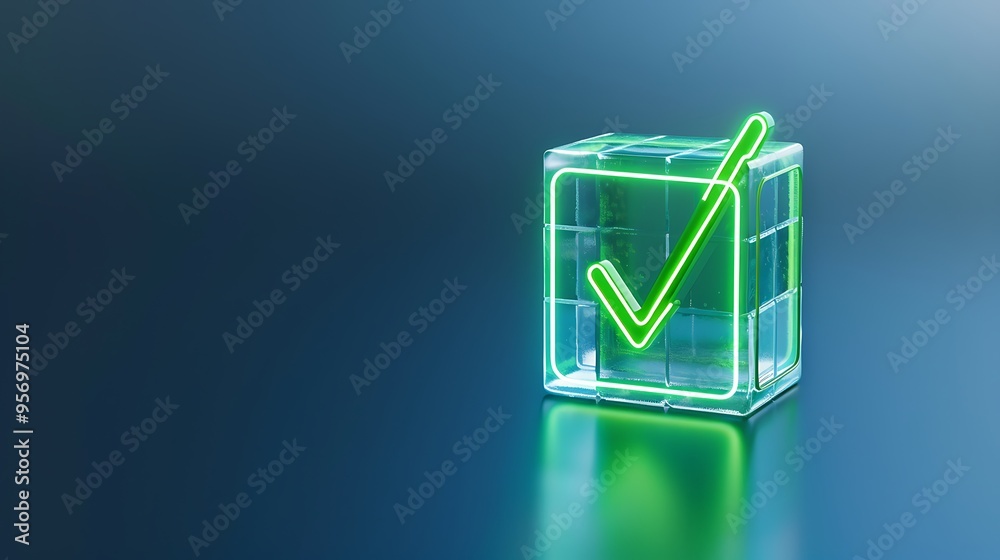 Modern 3D green check mark in a transparent cube, symbolizing approval ...