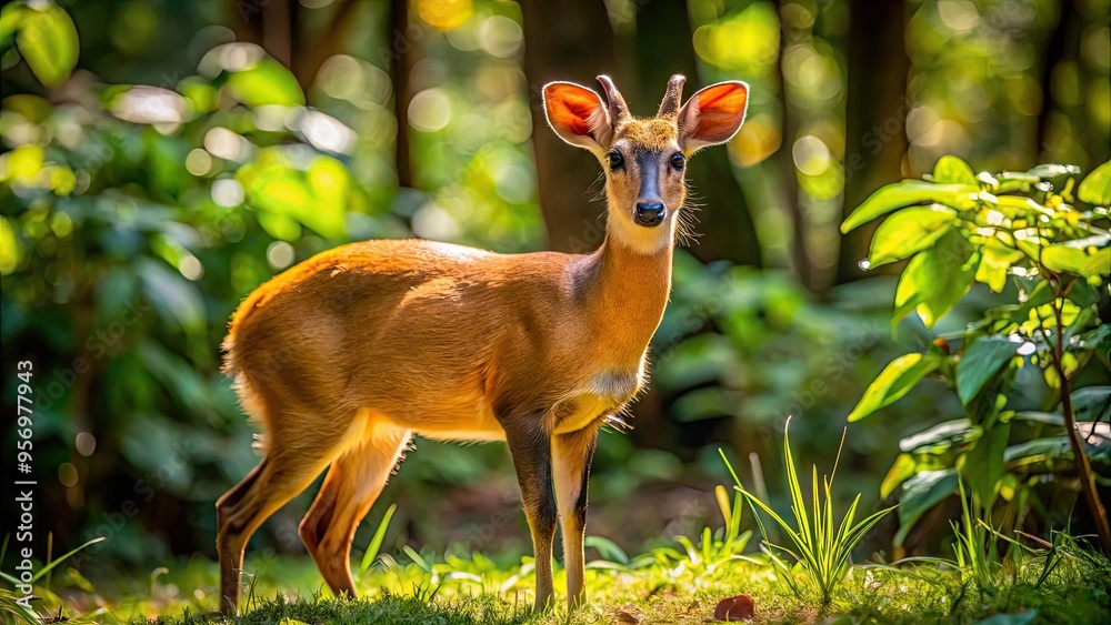 Small antelope with reddish-brown coat and white underbelly, bush ...