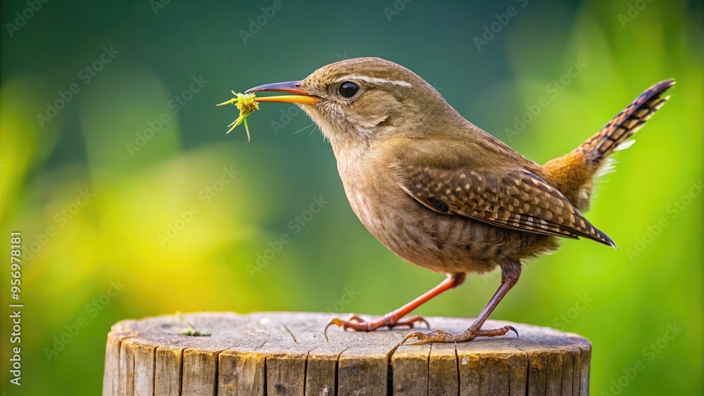 Small brown house wren forages for insects and spiders on a weathered ...
