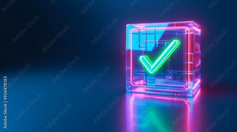 Neon green check mark inside a glowing transparent cube on a dark ...