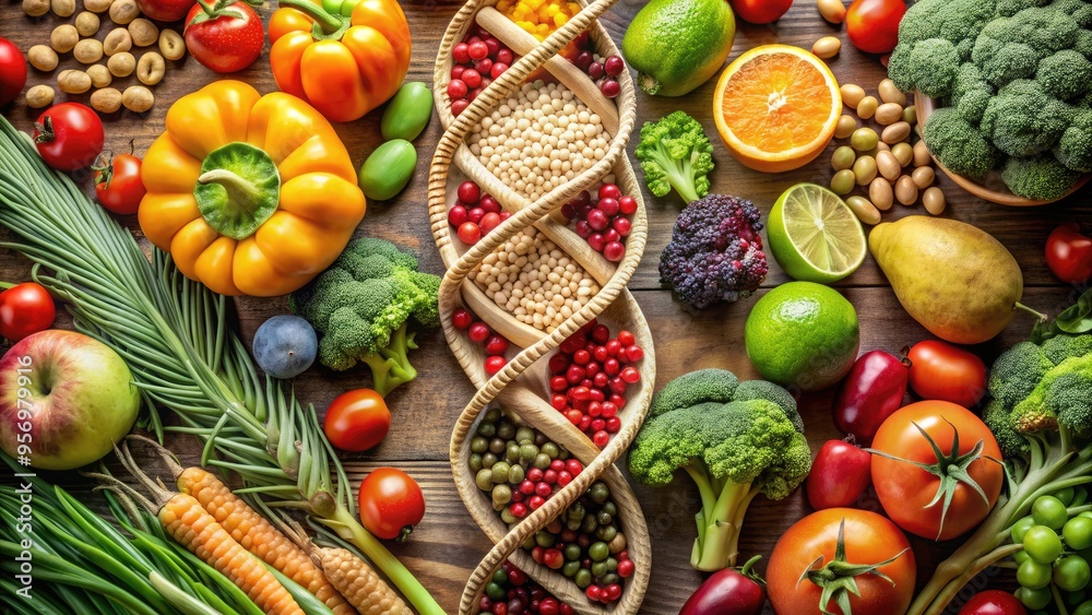 Microscopic image of double helix DNA surrounded by fresh fruits, vegetables, and whole grains ...
