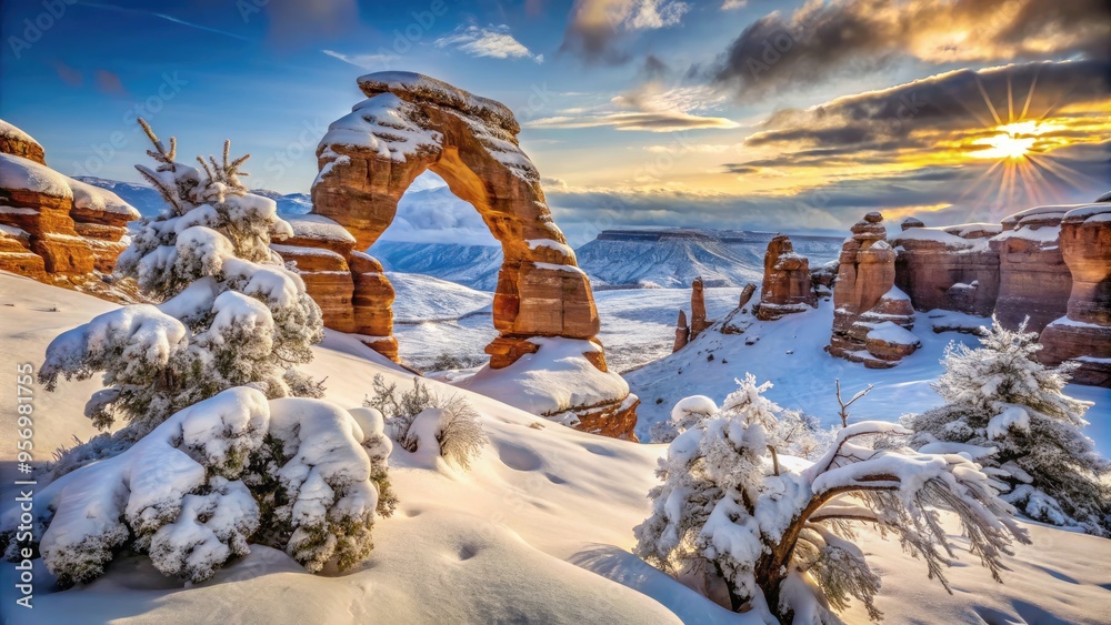 Snow-covered Delicate Arch towers above a winter wonderland landscape ...