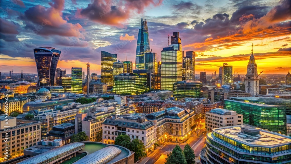 Breathtaking urban panorama of a vibrant UK city at dusk, featuring a ...