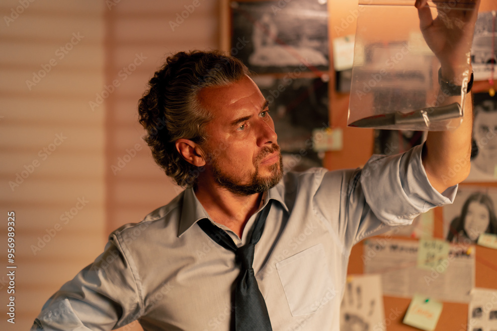detective's office middle-aged investigator in shirt and tie examines ...