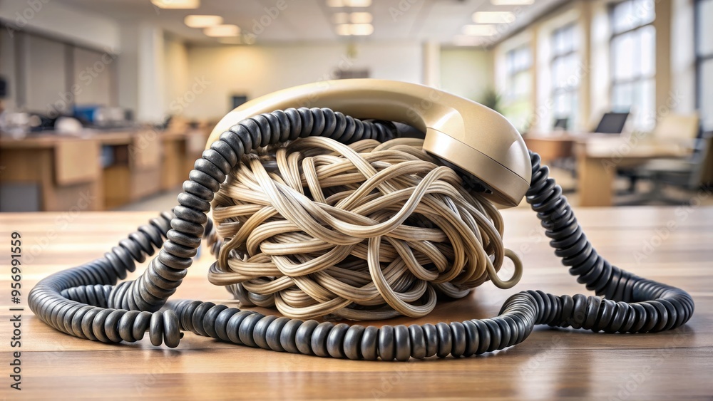 Coiled black telephone cord wrapped around a worn, beige desk phone ...