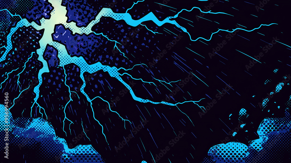 Pop art blue lightning flashing in dark. Dark background in pop art ...