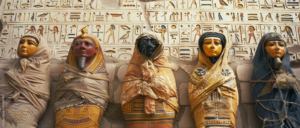 Five colorful, intricately wrapped ancient Egyptian mummies stand ...