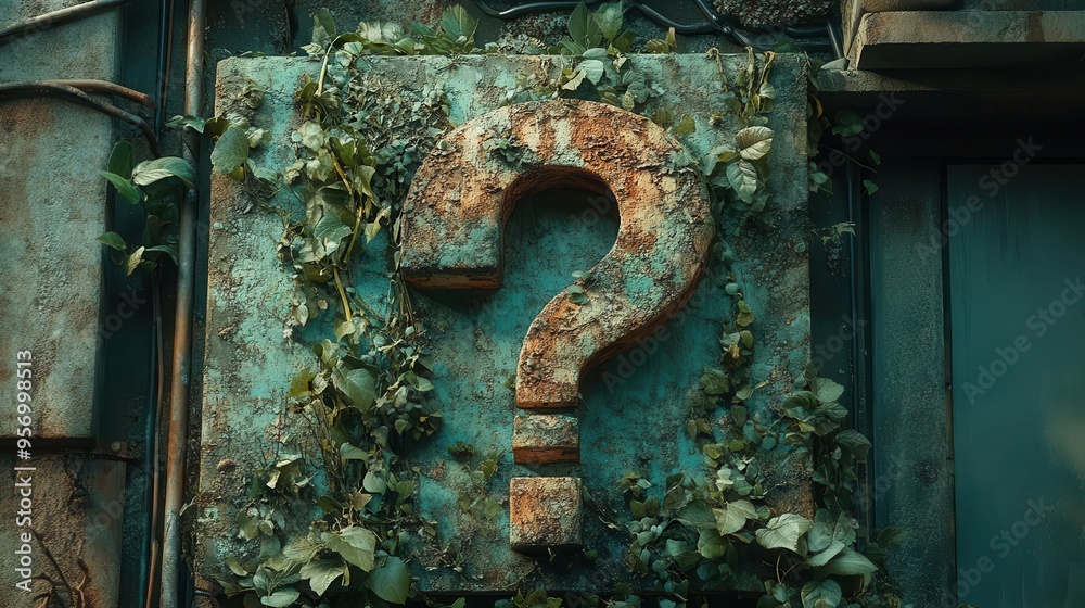 enigmatic query weathered question mark sign engulfed by lush vines and ...