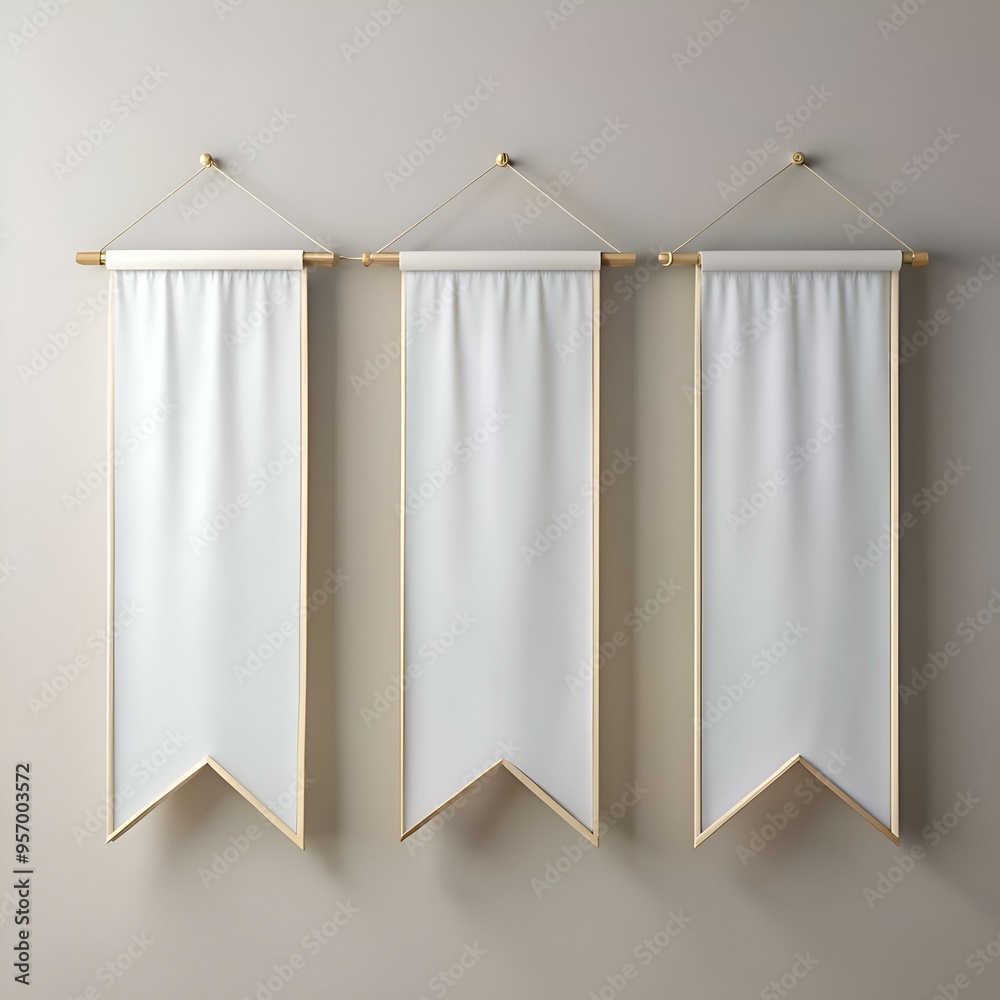 Three blank white banners with gold accents. perfect for adding your ...