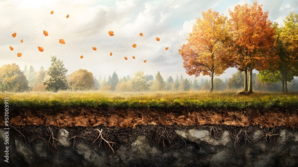 A cross-sectional diagram of a natural landscape, including soil layers ...