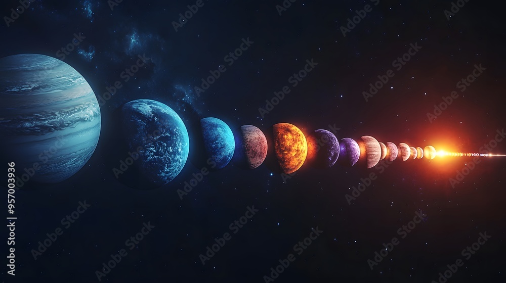 Poster Planetary Alignment: The planets of the solar system aligned in a straight line, each one ...