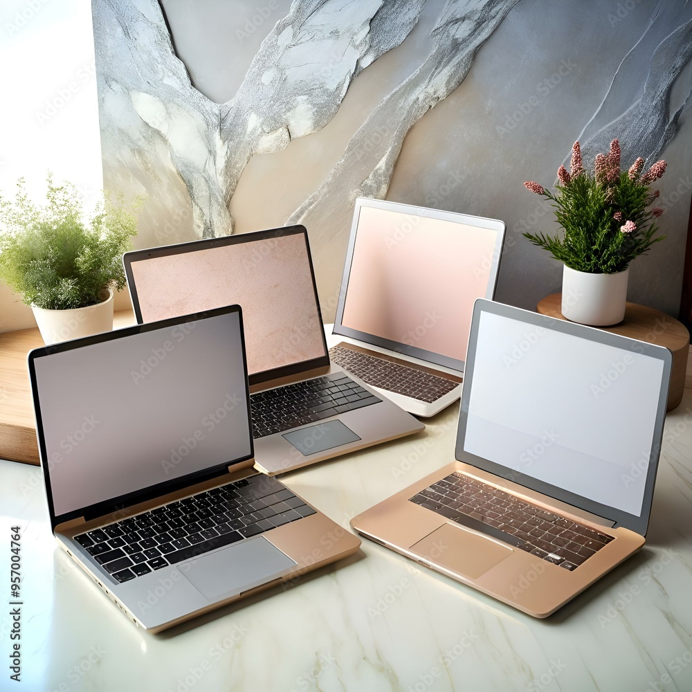Foto de Four laptops with blank screens are arranged on a modern marble ...