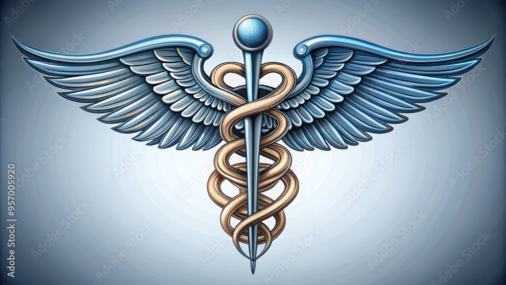 Stylized medical emblem featuring intertwining snakes, wings, and staff ...