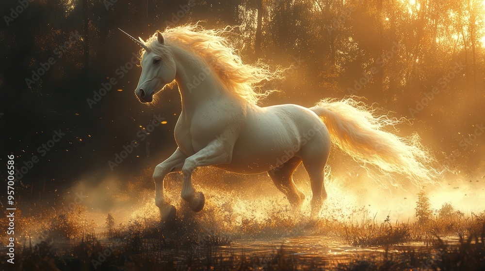 ethereal white unicorn galloping through misty enchanted forest moonlit ...