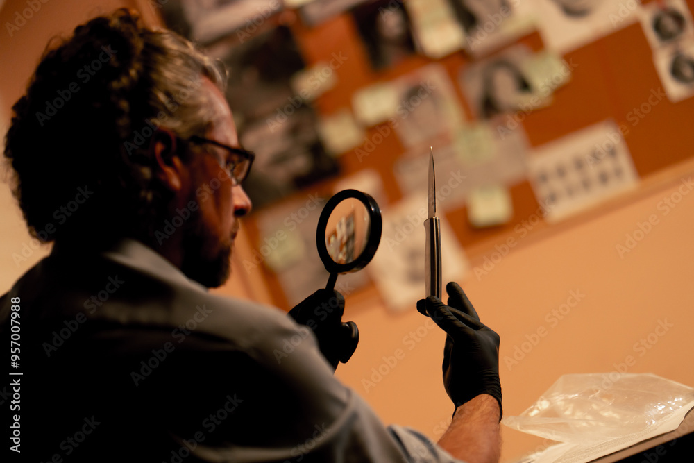 detective's office middle-aged investigator in shirt and tie sitting ...